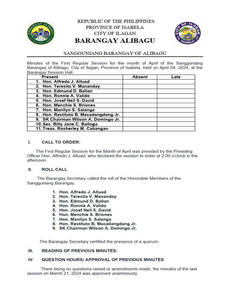 Minutes of First Regular Session (April 04,24) BJ | PDF