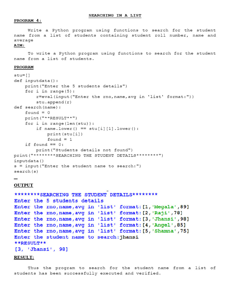 Python Program to Search Student Names | PDF