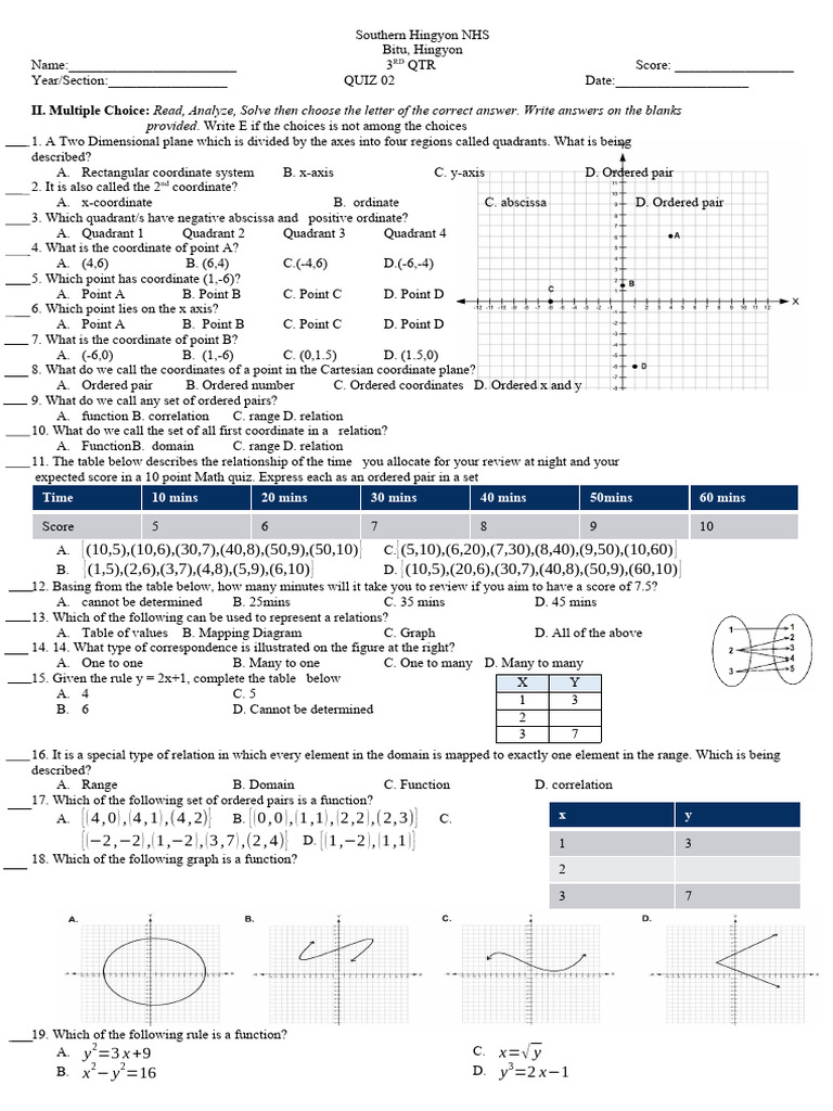MATH8 QUIZ O1 (Autosaved) | PDF | Cartesian Coordinate System ...