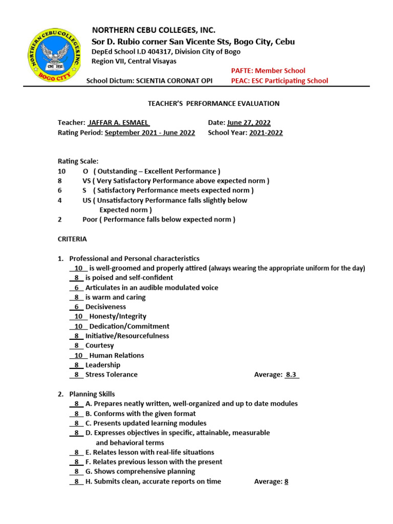 MR - Jaffar Esmael Teacher Evaluation | PDF | Psychological Concepts ...