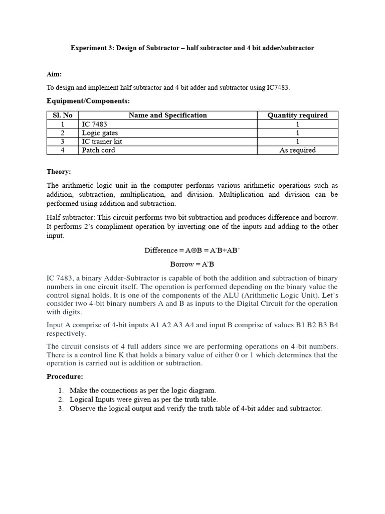 Expt 3 Design of Subtractor - Half Subtractor and 4 Bit Adder Subtractor | PDF | Bit | Theory Of ...