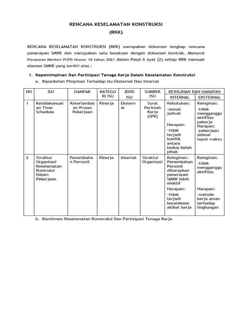 Rencana Keselamatan Konstruksi (RKK) : 1. Kepemimpinan Dan Partisipasi Tenaga Kerja Dalam ...