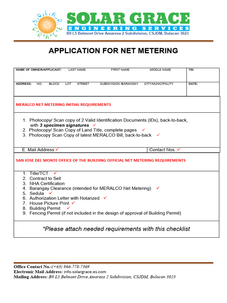 San Jose Del Monte, Bulacan Net Metering Requirements PDF | PDF