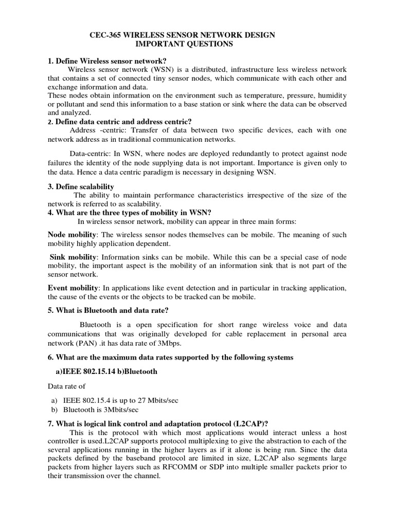 Cec365 WSN Question Bank | PDF | Wireless Sensor Network | Computer Network