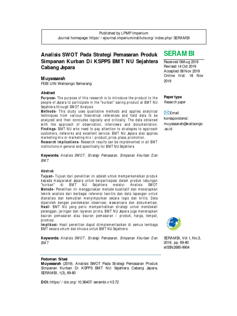 Analisis Swot Pada Strategi Pemasaran Produk Simpanan Kurban Di Kspps BMT Nu Sejahtra Cabang ...