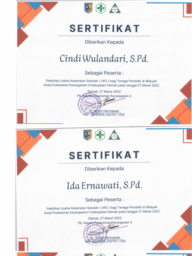 B. Sertifikat SD Uks | PDF