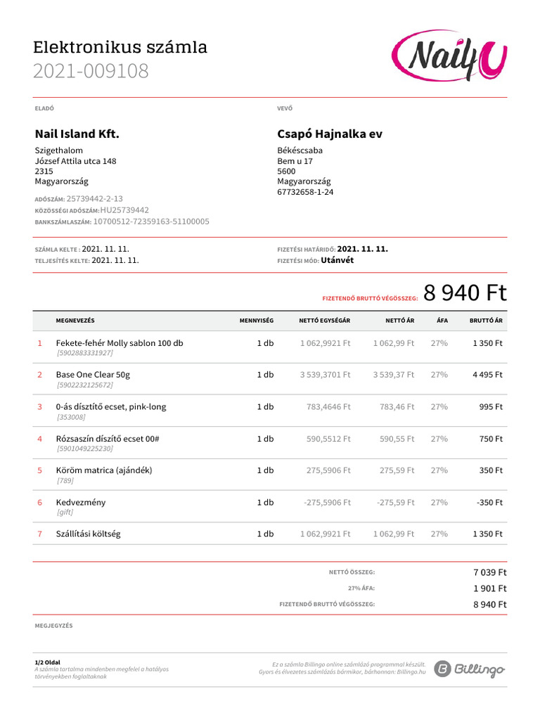 Elektronikus Számla: Nail Island Kft. Csapó Hajnalka Ev | PDF Elektronikus Számla: Nail Island Kft. Csapó Hajnalka Ev | PDF