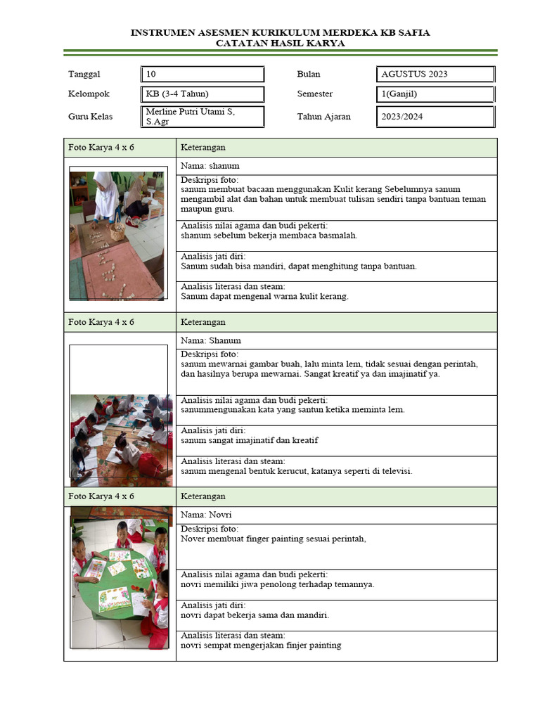 Catatan - Hasil - Karya TK SAFIA | PDF