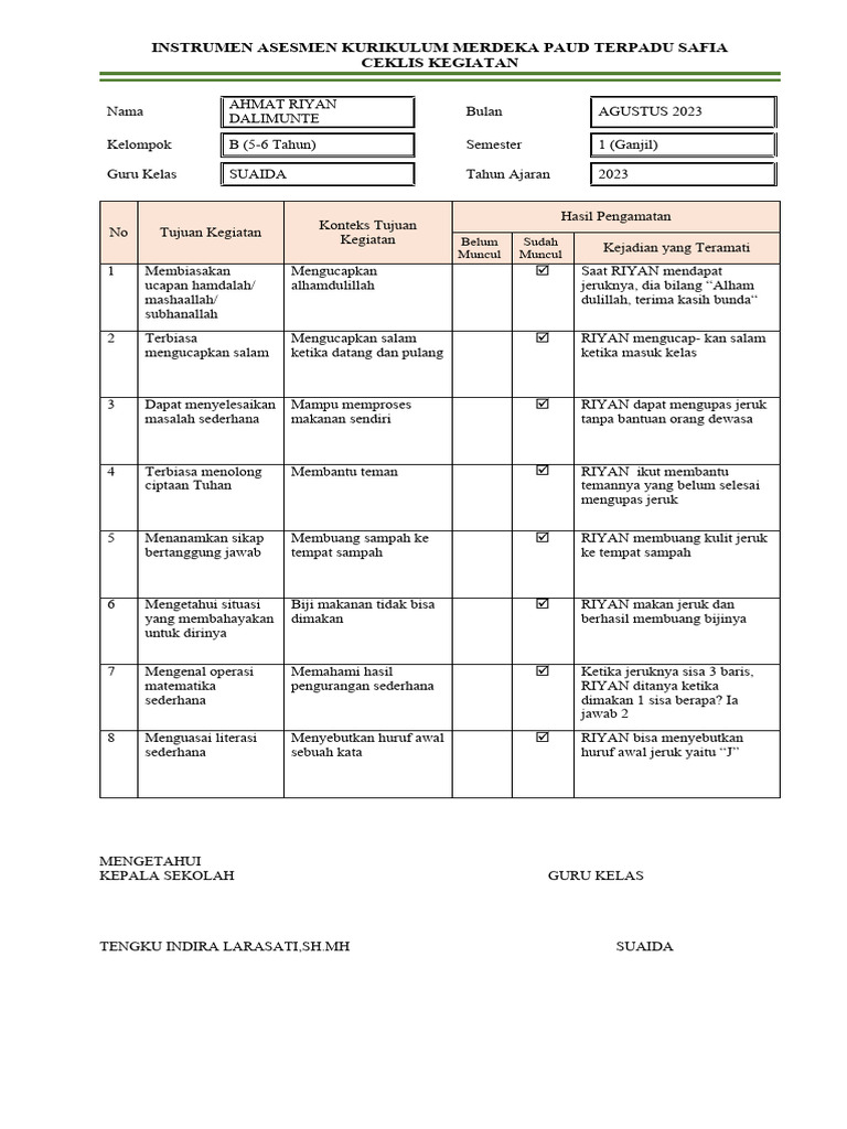 Ceklis - PAUD - KUMER - TK SAFIA | PDF