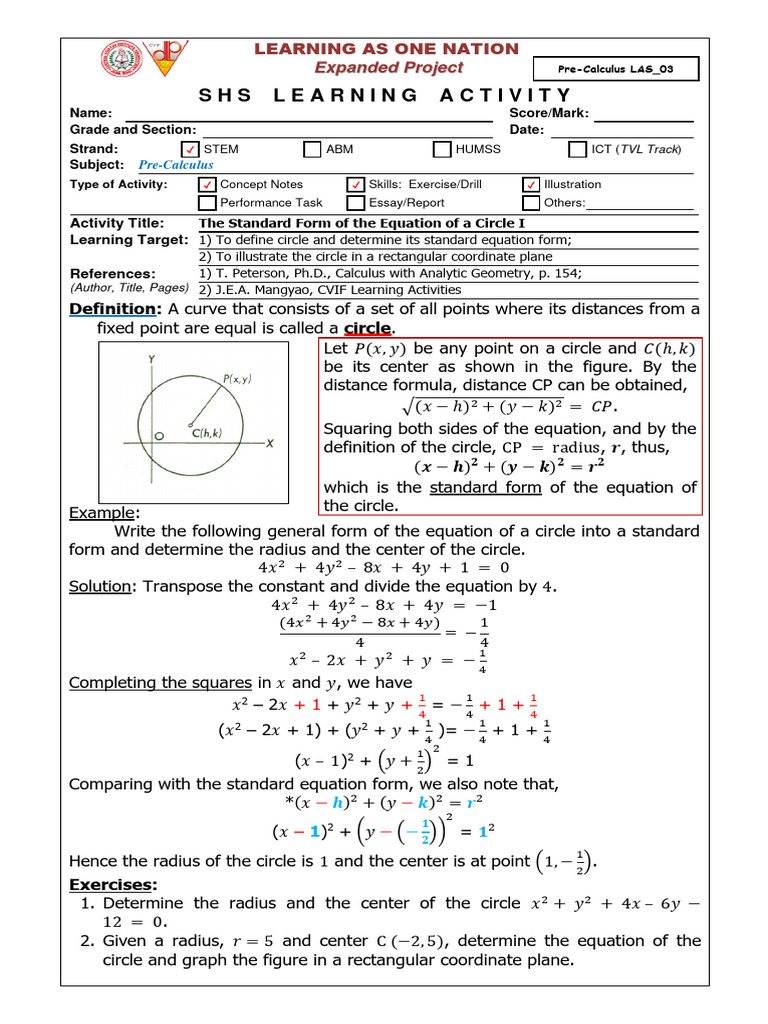 Pre-Calculus LAS 3 The Standard Form of The Equation of A Circle I ...