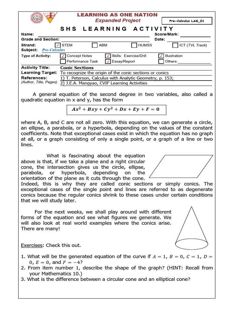 Pre-Calculus LAS 1 Conic Sections | PDF