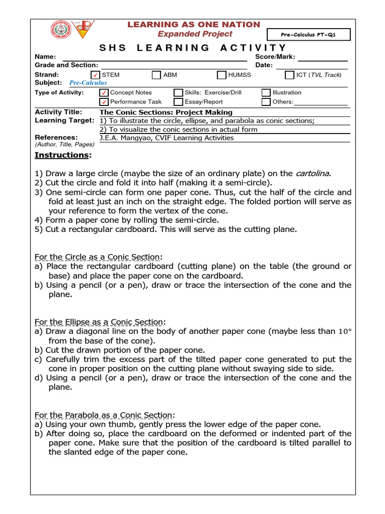 Pre-Calculus LAS 1 PTQ1 The Conic Sections - Project-Making | PDF ...