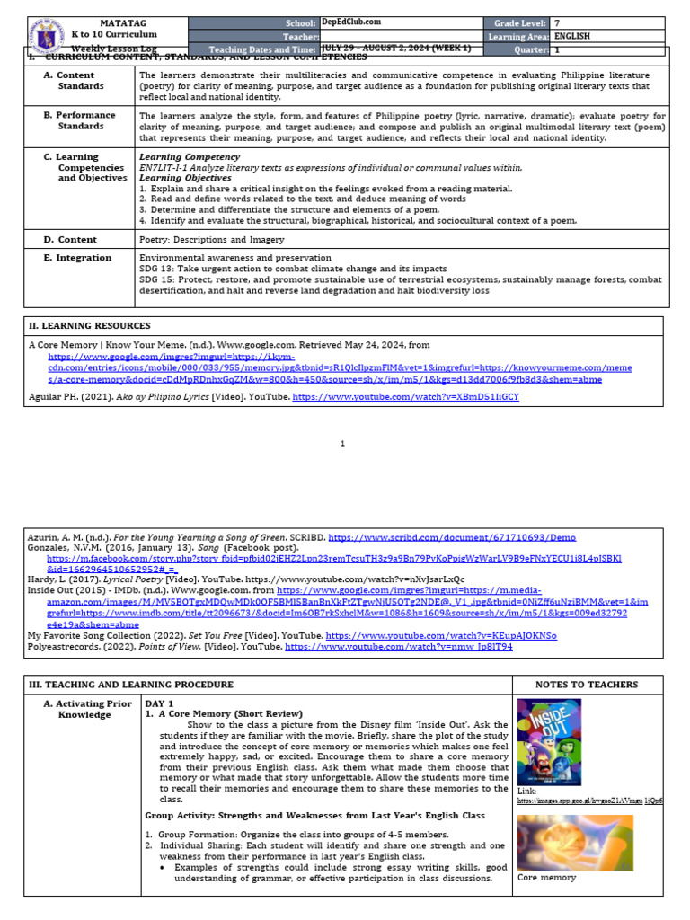 DLL Matatag - English 7 q1 w1 | PDF | Learning | Cognition