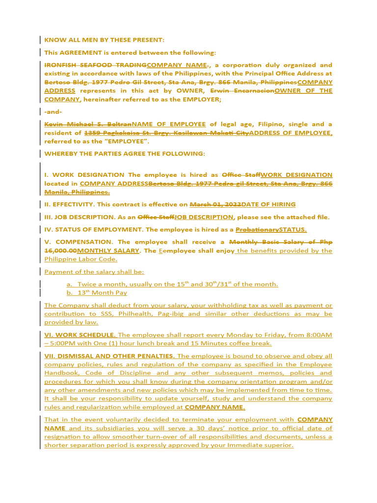 WORK CONTRACT TEMPLATE | Download Free PDF | Employment | Salary