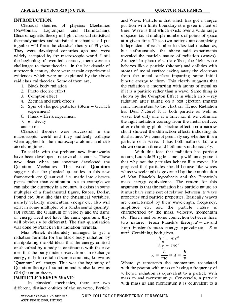 Quantum Mechanics Lecture Notes | PDF | Electromagnetic Radiation ...