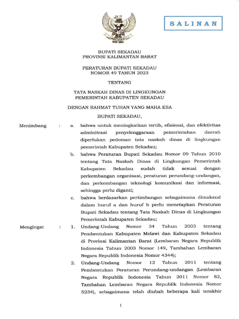 Perbup Tata Naskah Dinas No.49 Tahun 2023 | PDF