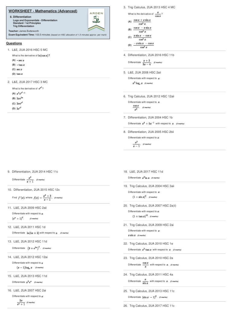 Differentiation Worksheet HSC Questions W/ Solutions | PDF | Derivative ...
