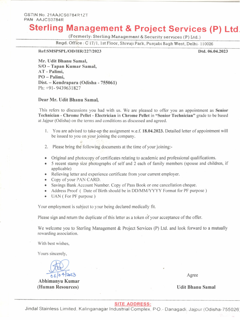 Offer Letter of Mr. Udit Bhanu Samal | PDF