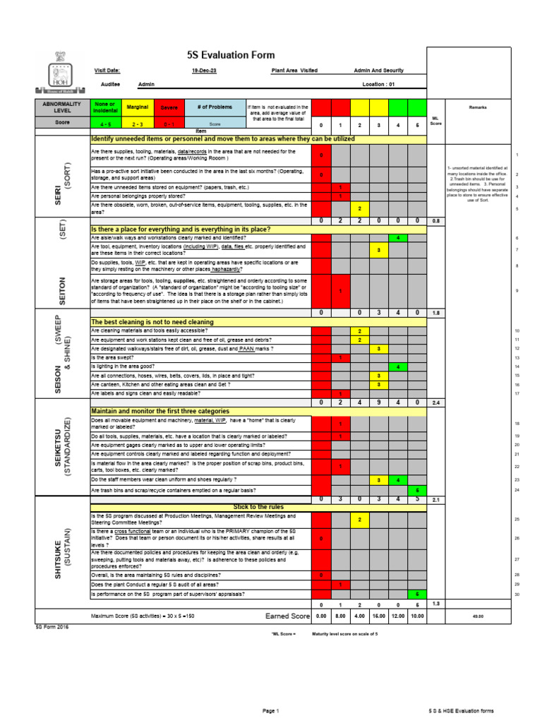 5S Evaluation Form: Remarks ML Score | PDF | Occupational Safety And ...