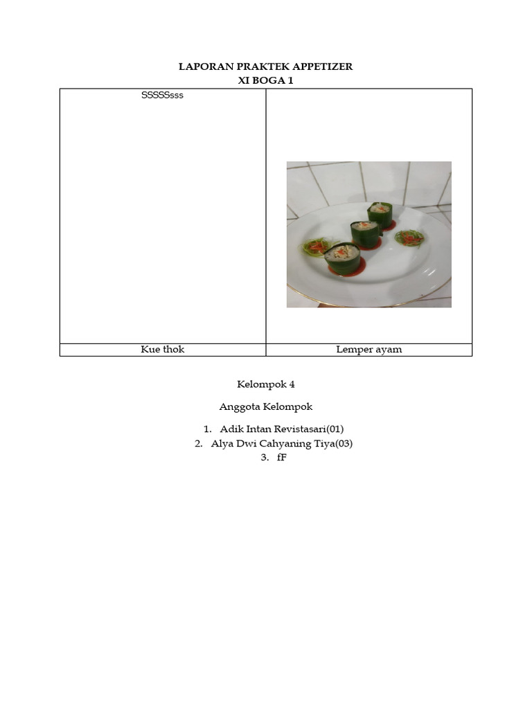 Laporan Praktek Appetizer | PDF | Memasak, Makanan, & Anggur