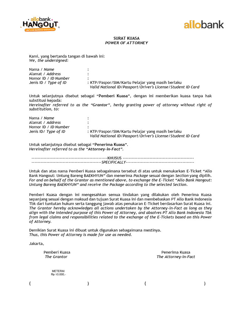 Template Surat Kuasa - Allo Bank Hangout Bareng Baekhyun | PDF