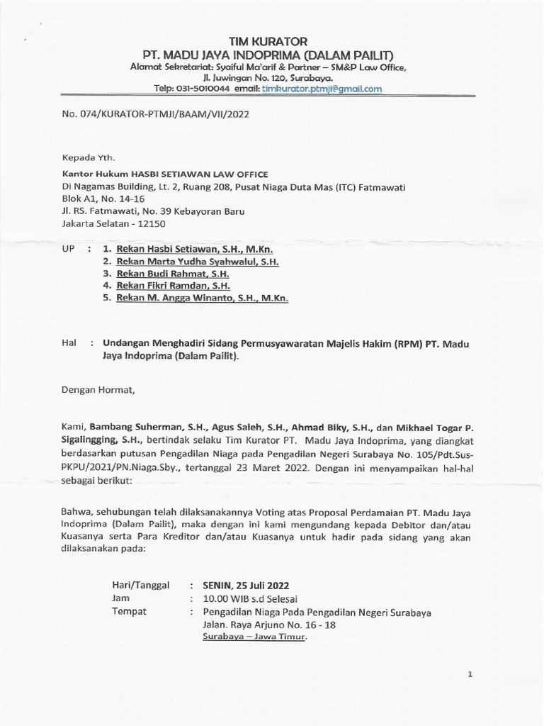 Undangan Sidang Permusyawaratan Majelis Hakim (Rpm) Pt.madu Jaya ...