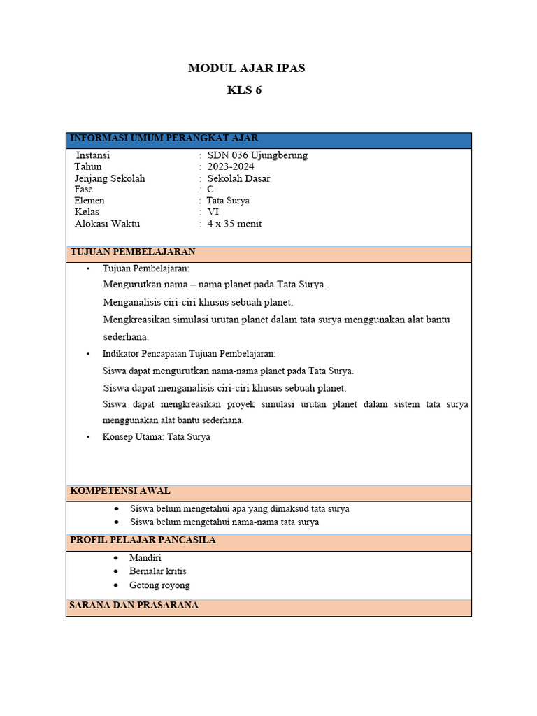 MODUL AJAR IPAS FIX (Tata Surya) | PDF