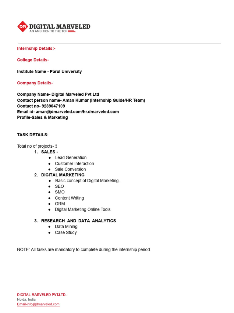 Internship Target Details - Parul Uni | PDF | Marketing | Business