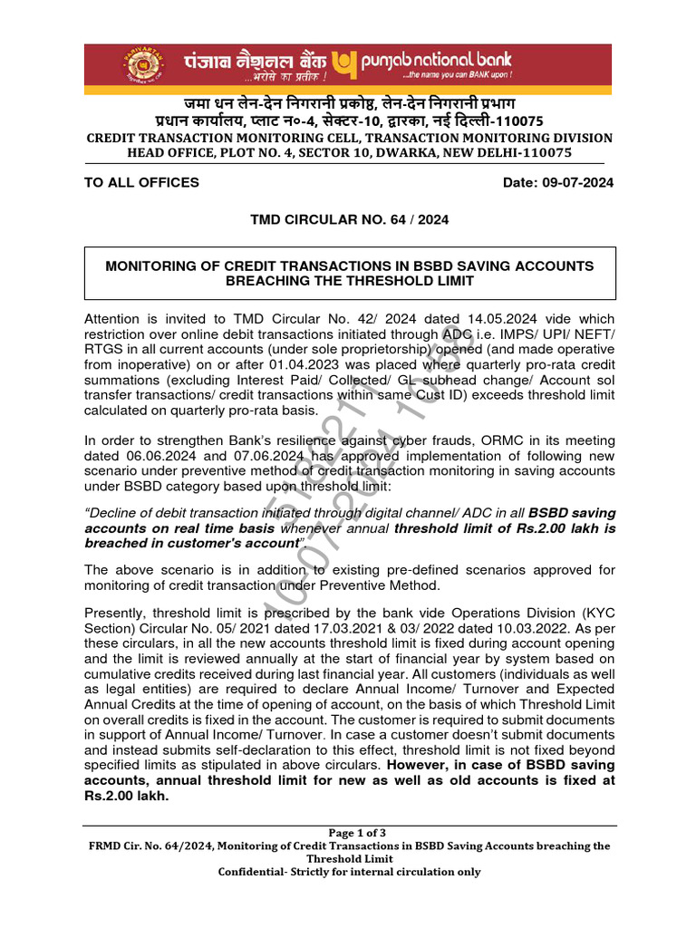 TMD Circular No 64 - 2024 For Bsbda Threshold | PDF | Debit Card | Payments