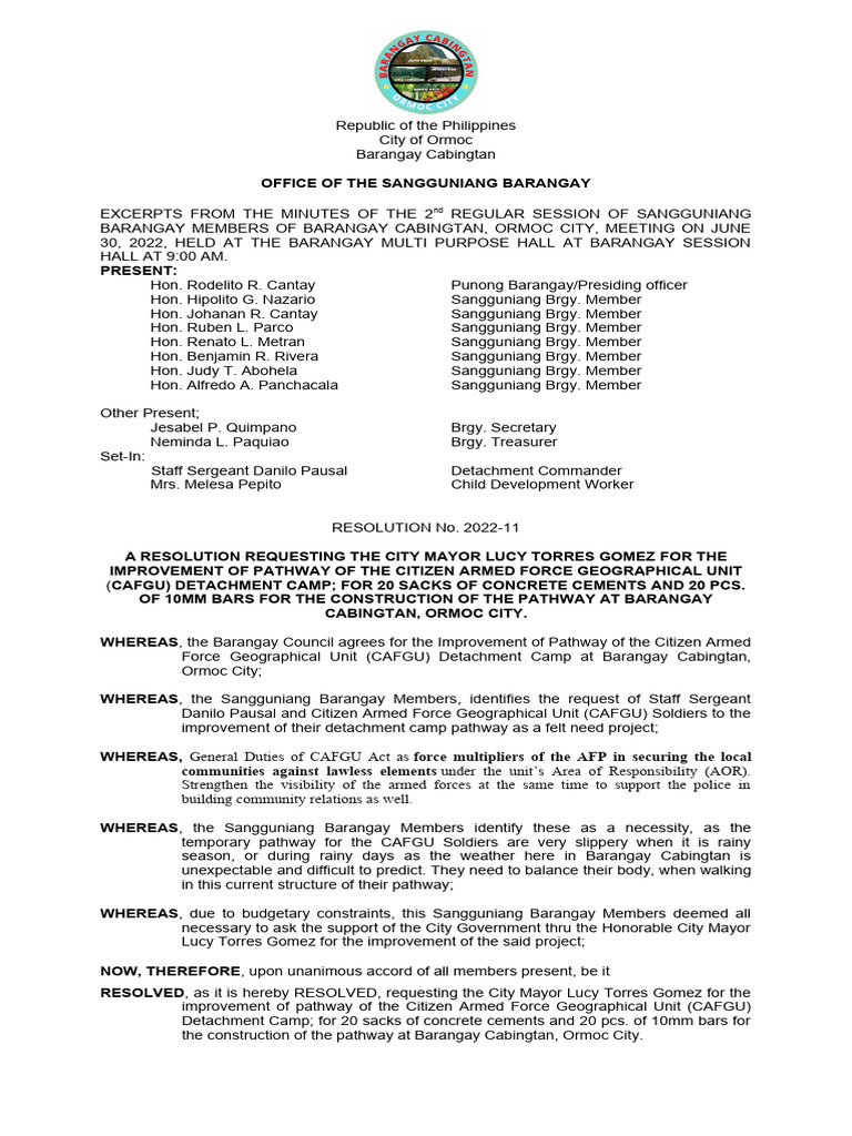 Barangay Cabingtan Pathway Improvement Resolution | PDF | Military