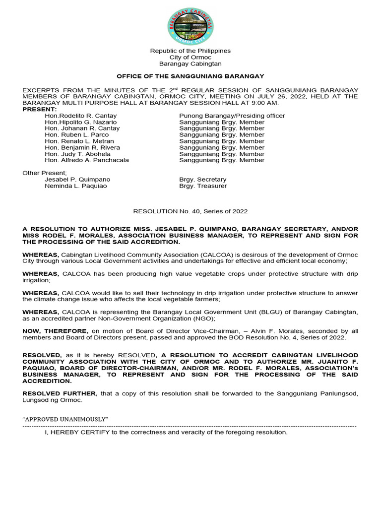 Resolution - Barangay Treasurer Deputy Office - Sec and Clerk | PDF ...