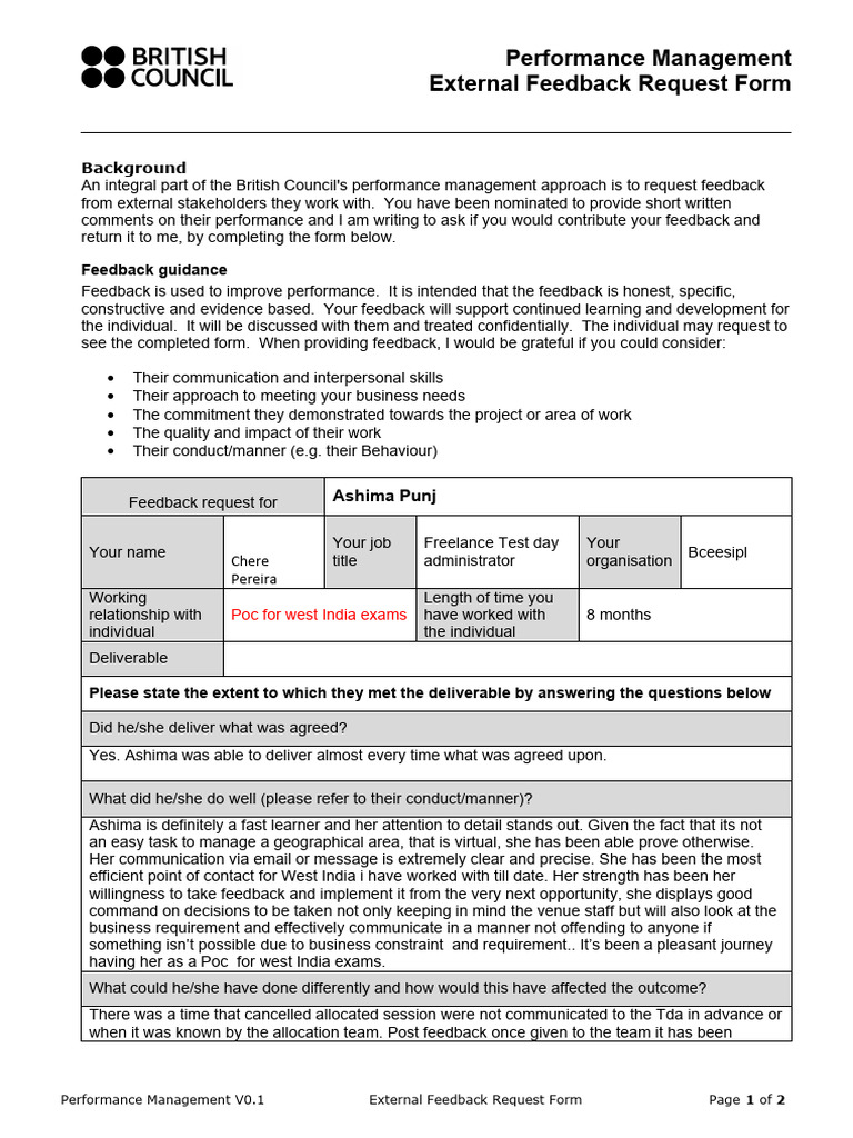Ashima feedback form | PDF | Learning | Behavior Modification