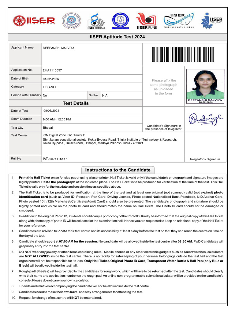 IISER Aptitude Test 2024 Hall Ticket Instructions | PDF | Identity ...