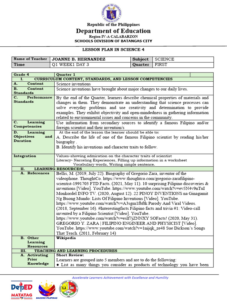 Q1 W1 D3 Science Inventions | PDF | Learning | Science