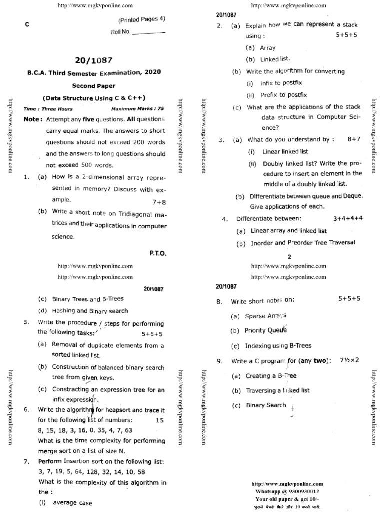 Bca 3 Sem Data Structure Using C and CPP 1087 2020 | PDF