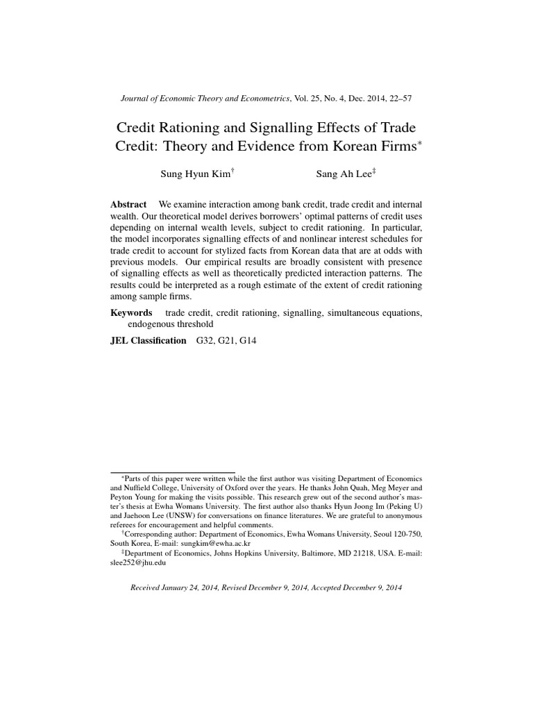 Credit Rationing and Signalling Effects of Trade Credit: Theory and ...