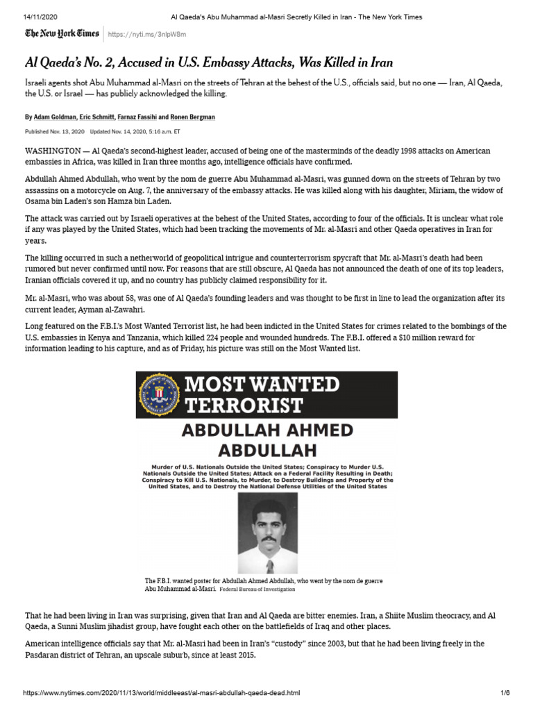 Al Qaeda's Abu Muhammad Al-Masri Secretly Killed in Iran - The New York ...