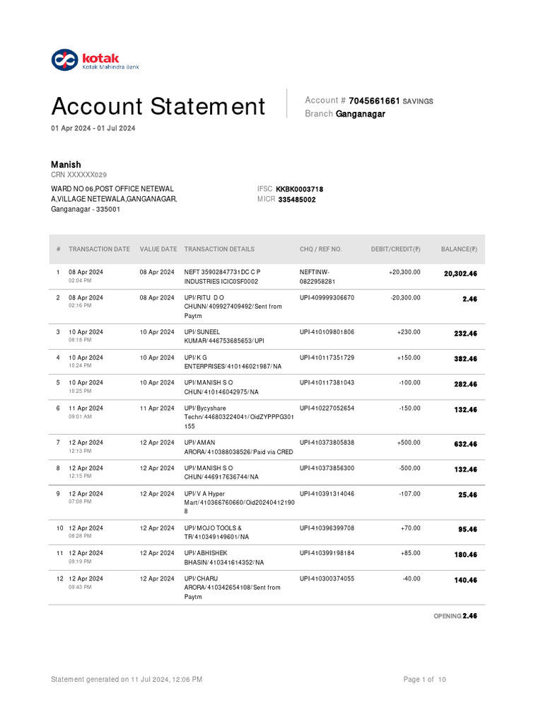Kotak Bank Statement | PDF | Debits And Credits | Annual Percentage Rate