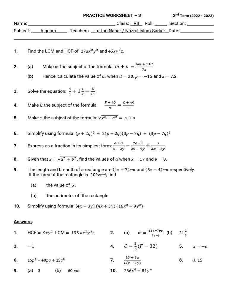 Class VII Algebra WS3 | PDF | Algebra | Mathematical Concepts