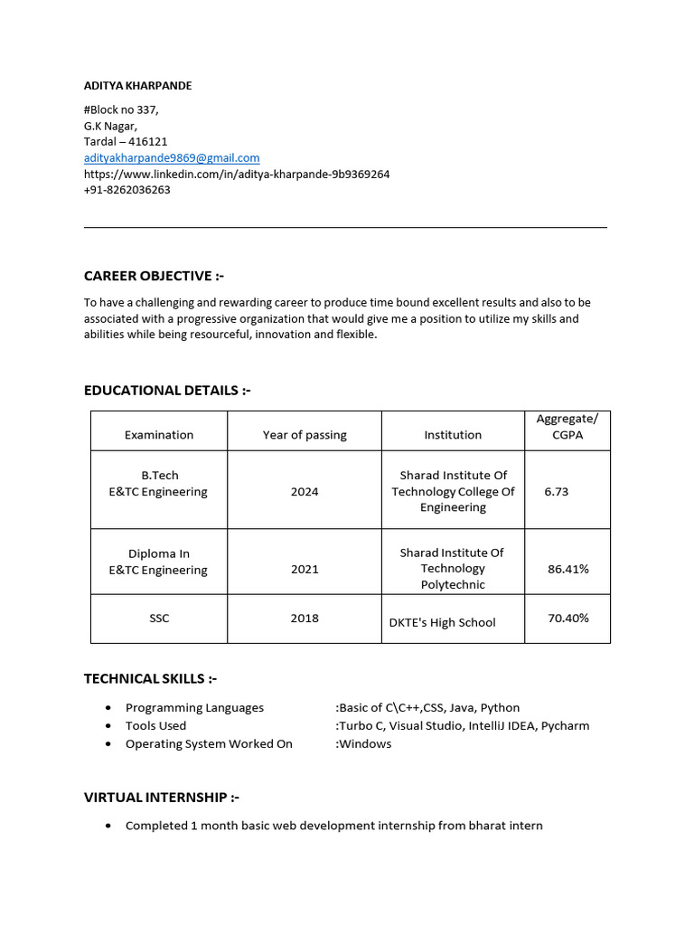 Aditya Kharpande CV | PDF | Computing | Computer Science