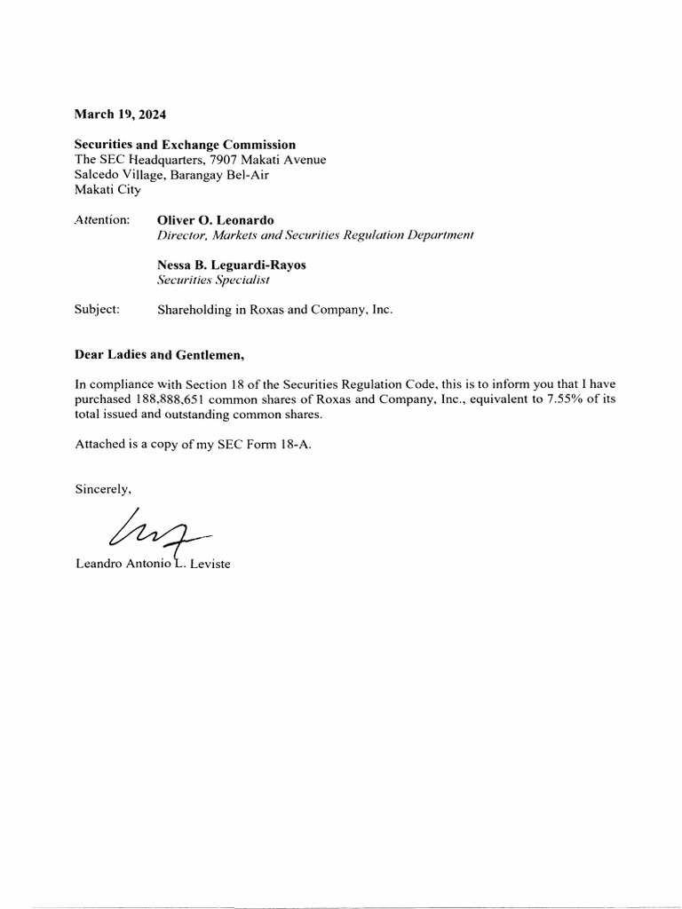 SEC Form 18-A: Roxas & Company Report | PDF | Securities (Finance) | U ...