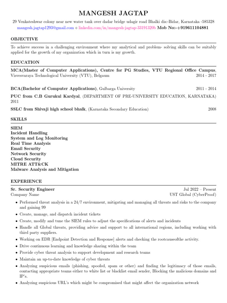 Mangesh Jagtap Updated Resume 2024 | PDF | Malware | Threat (Computer)