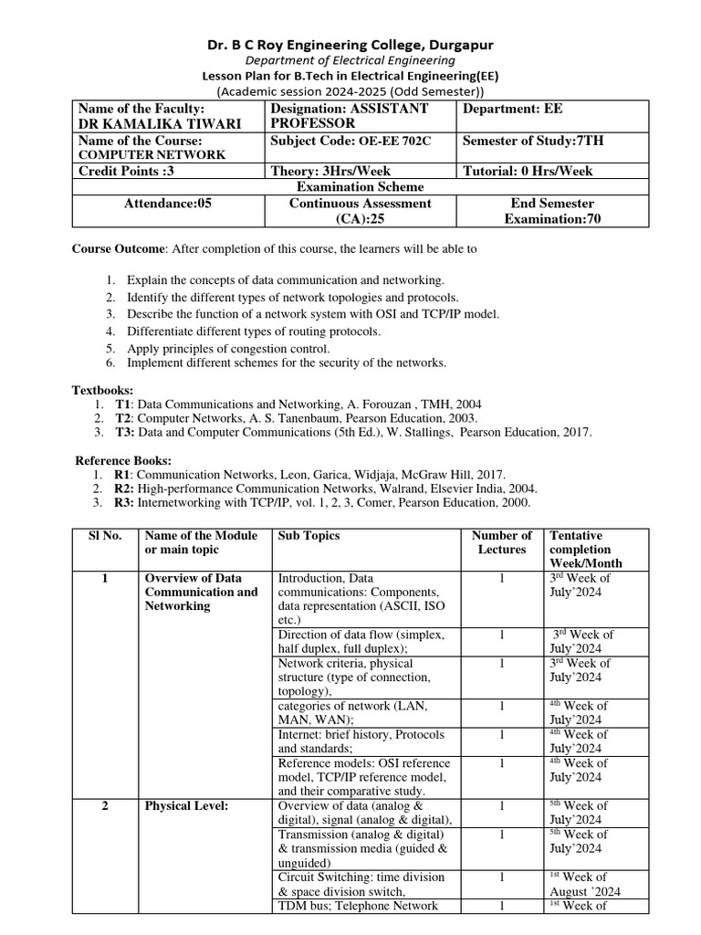 Lessonplan - JULY 2024 - Computer Networks | PDF | Computer Network | Internet Protocols