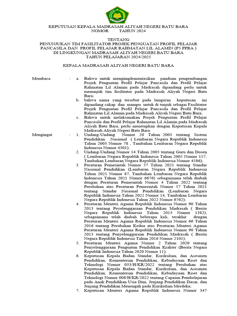 SK Tim Fasilitator P5 Ppra 2024 Man Batu Bara | PDF