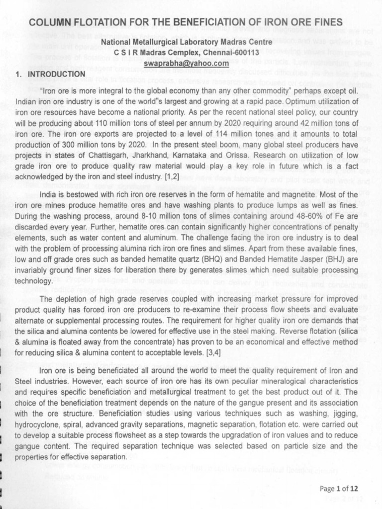 Column Flotation for Iron Ore Fines | PDF | Iron Ore | Mining