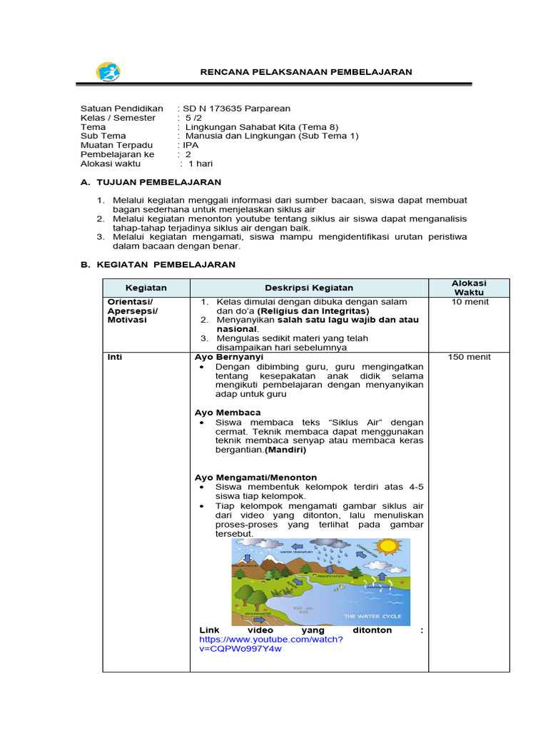RPP Siklus Air Kelas 5 SD Kurikulum Merdeka | PDF