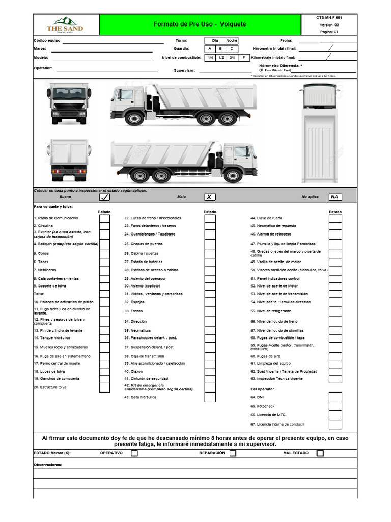 CTS-MN-F 001 Pre Uso - Camion Volquete | PDF | Vehículos | Industria automotriz