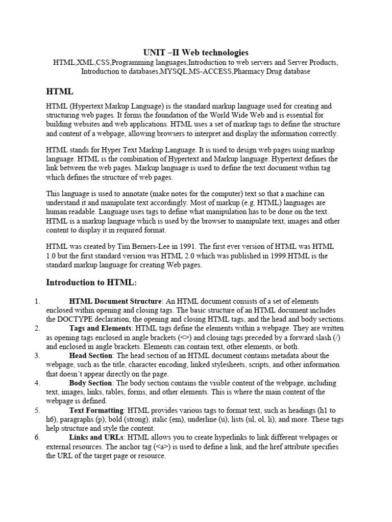 CAP UNIT-2-1 HTMP and XML Notes | PDF | Html | Xml