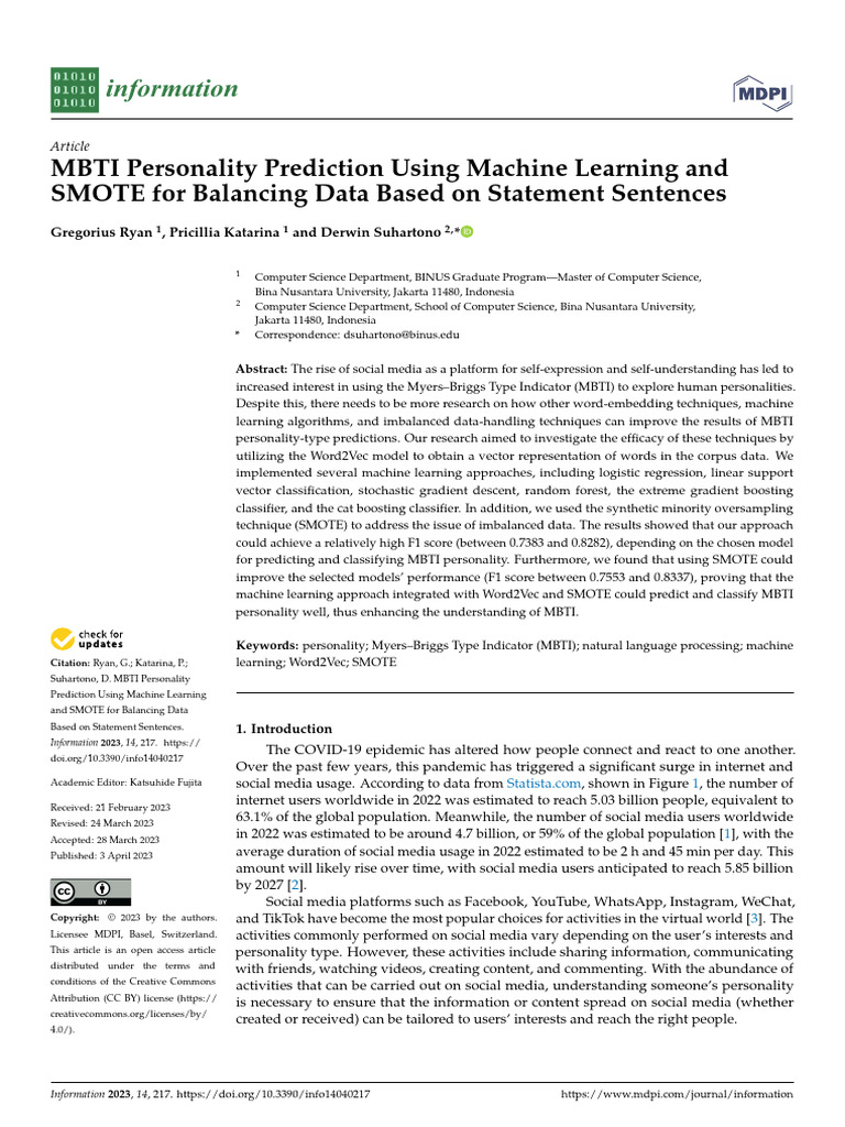 MBTI Personality Prediction Using Machine Learning | PDF | Support Vector Machine | Social Media