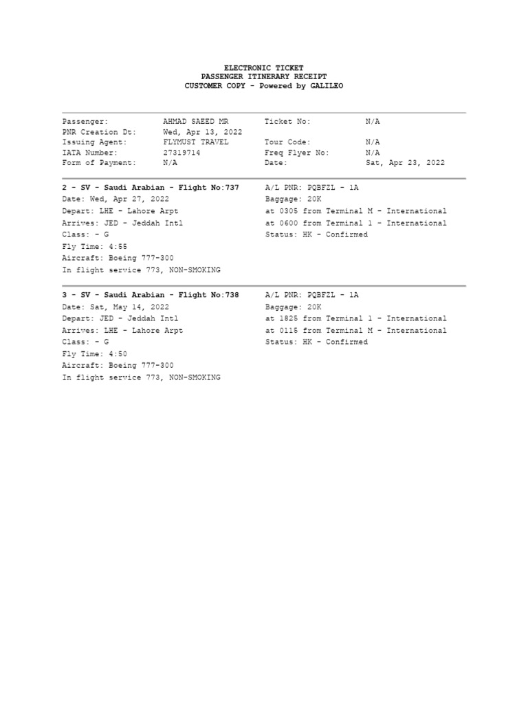 SV 737/738 Flight Itinerary Details | PDF | Transport | Civil Aviation